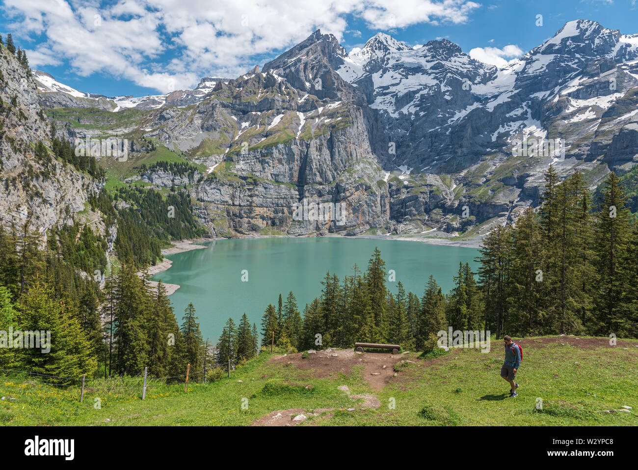 Landscape with Oeschinensee lake and Bluemlisalp mountain, Kandersteg ...