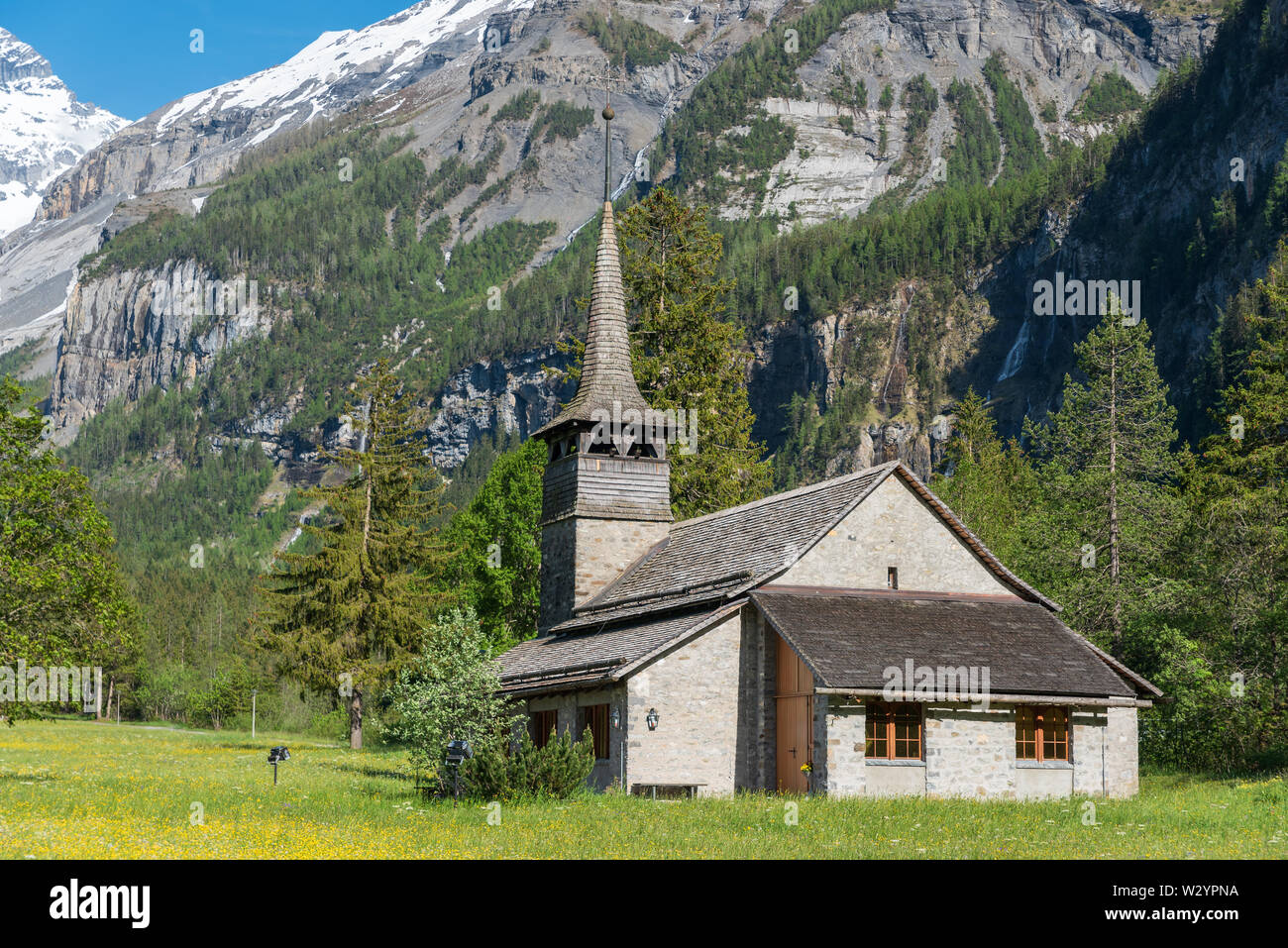 St. Marys Church with Bluemlisalp mountain, Kandersteg, Bernese ...