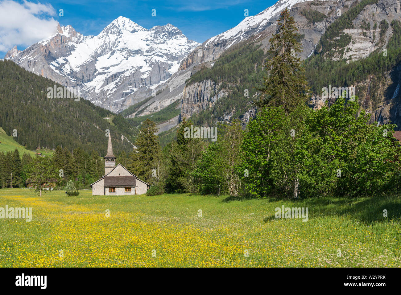 St. Marys Church with Bluemlisalp mountain, Kandersteg, Bernese ...