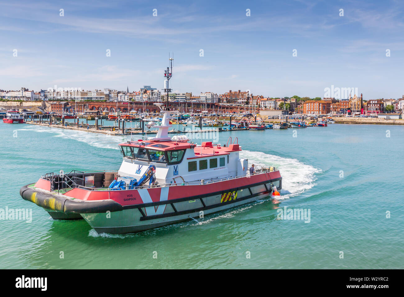 RAMSGATE, ENGLAND - MAY 25 2019 A vessel used for transporting crew to ...