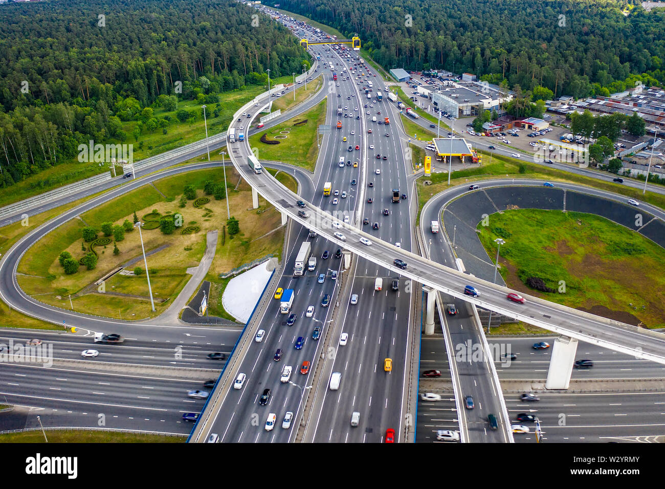View from the air on the movement of cars on the overpasses at the ...