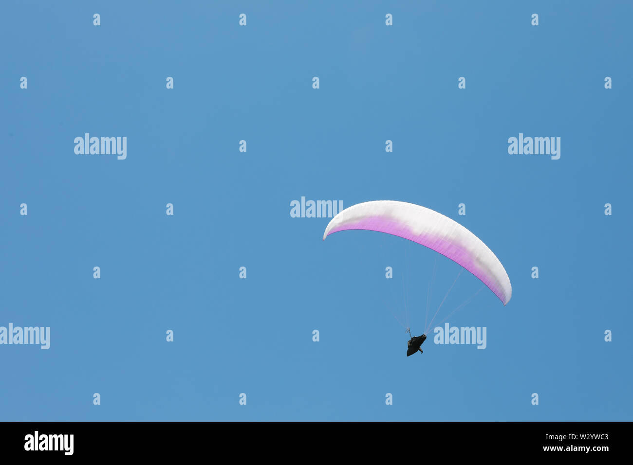 Skydiver with a white-pink parachute flies across the blue sky Stock ...