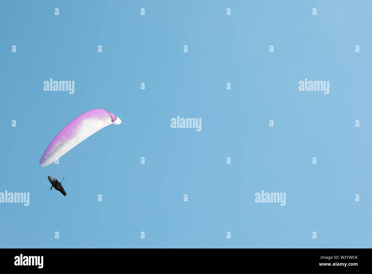 Skydiver with a white-pink parachute flies across the blue sky Stock ...