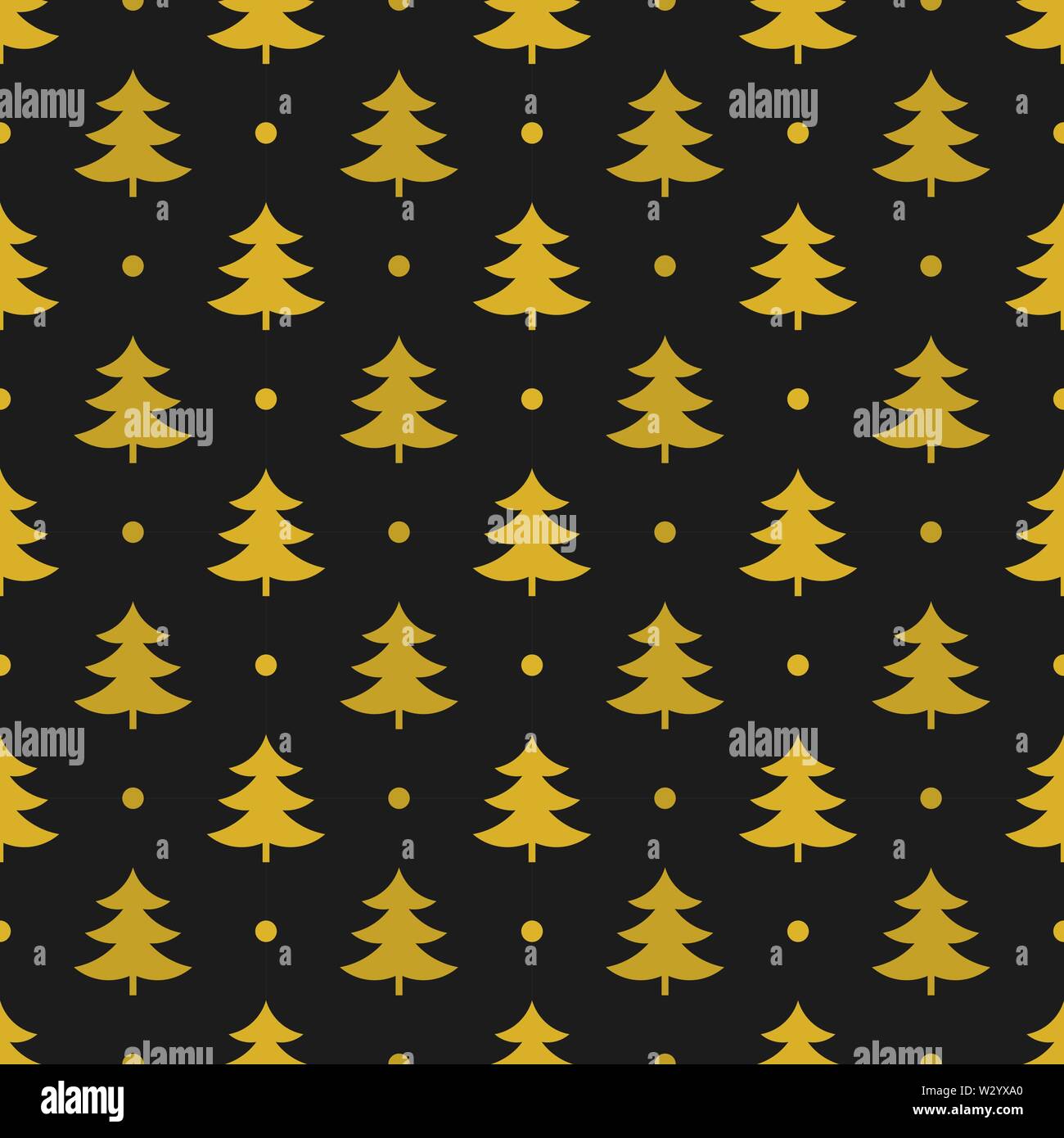 Gold Christmas trees pattern on black background. Vector illustration ...