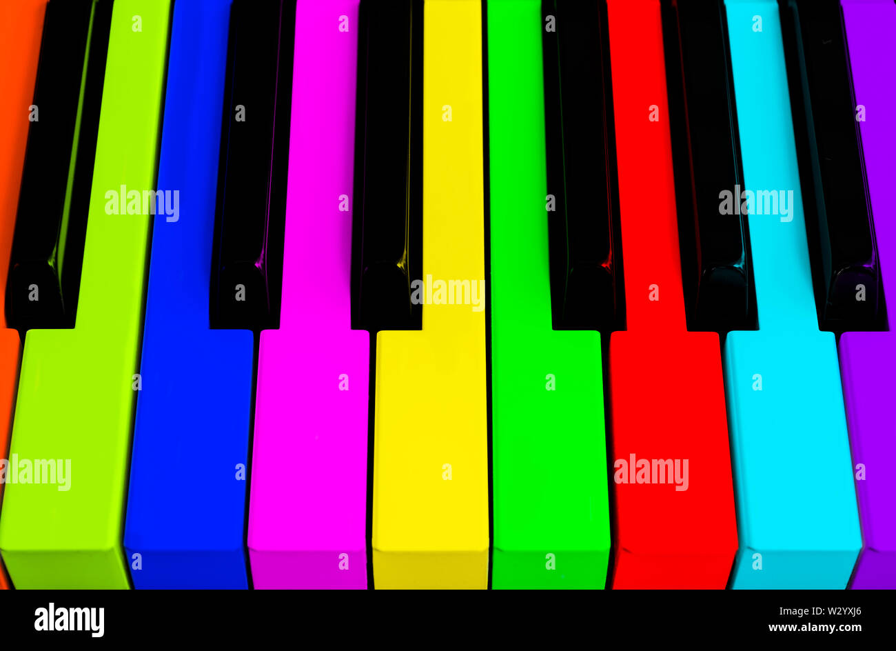 Top view of multicolored piano keys. Close-up of piano keys. Close ...
