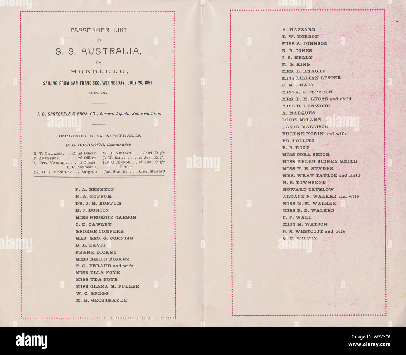 Oceanic Steamship company passenger list for departure of SS Australia ...