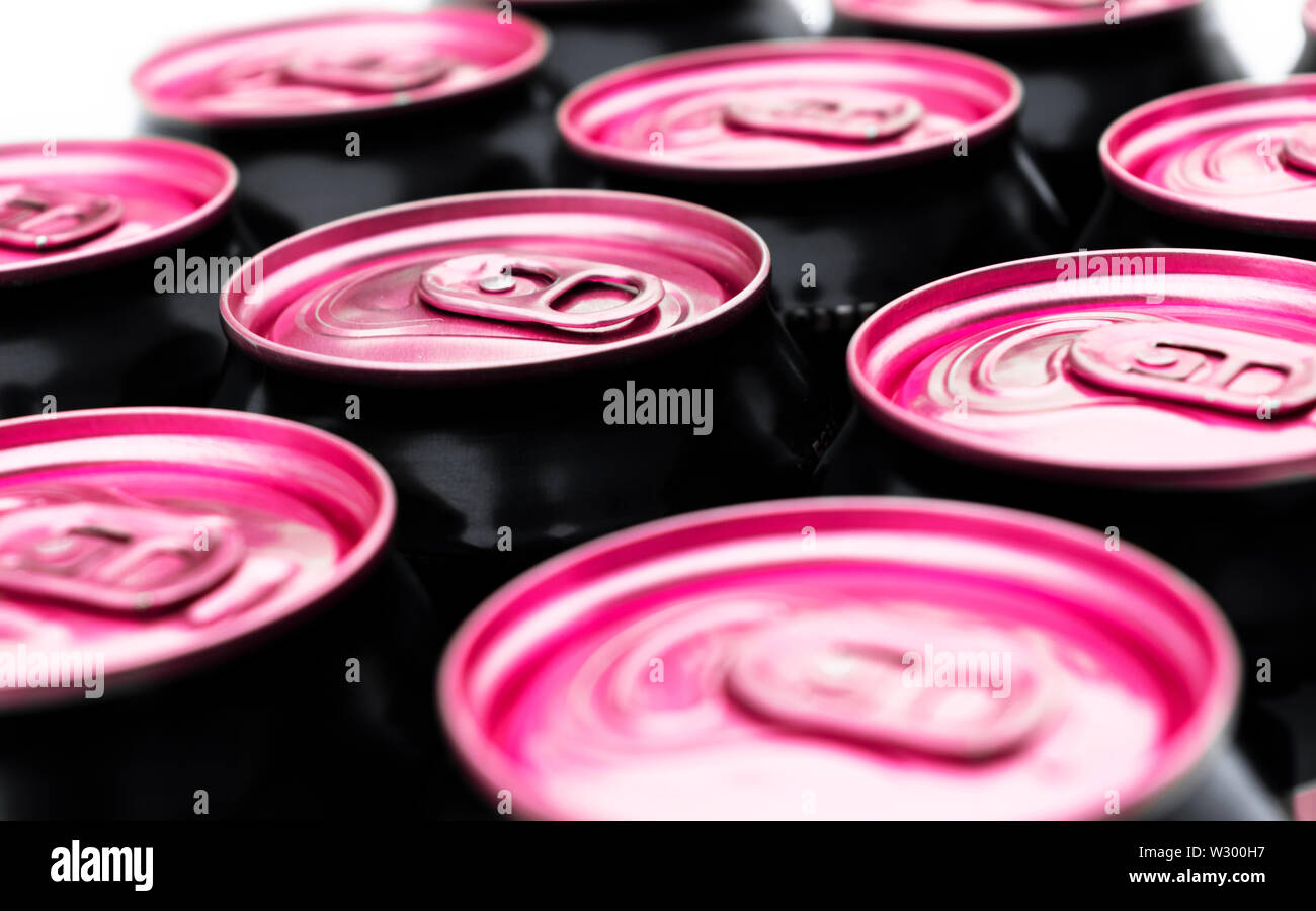 Close up photo of aluminium cans in a raw. Aluminium can background ...