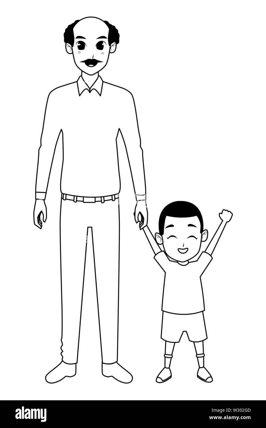 Single father with little son cartoon in black and white Stock Vector ...