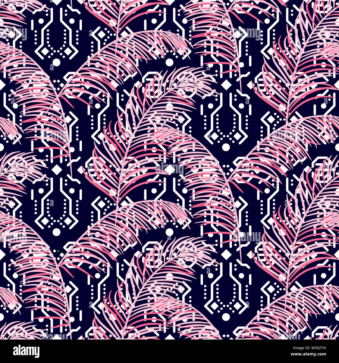 Palm leaves and geometric shapes pink blue colors seamless vector ...