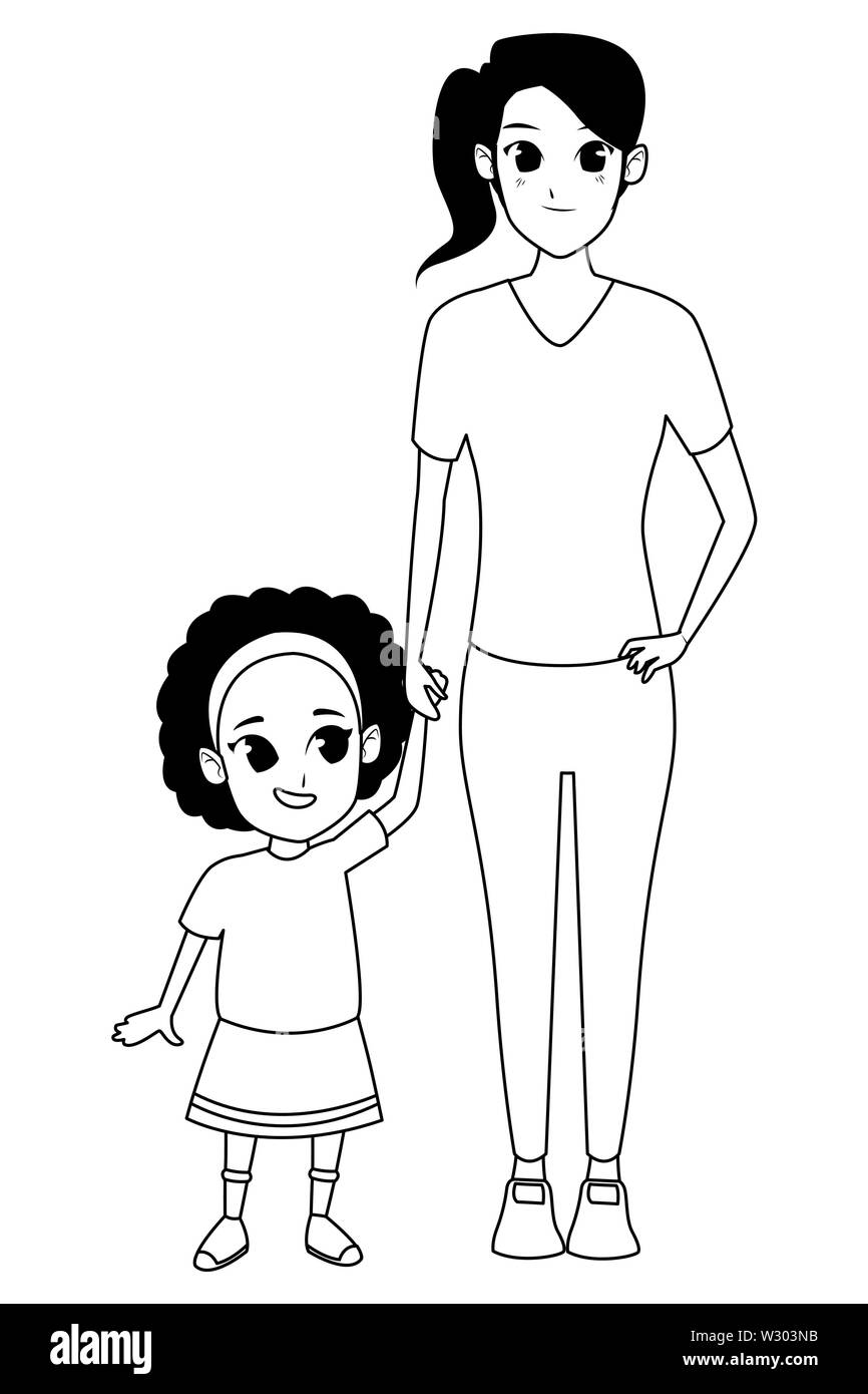 Single mother with children cartoon in black and white Stock Vector ...