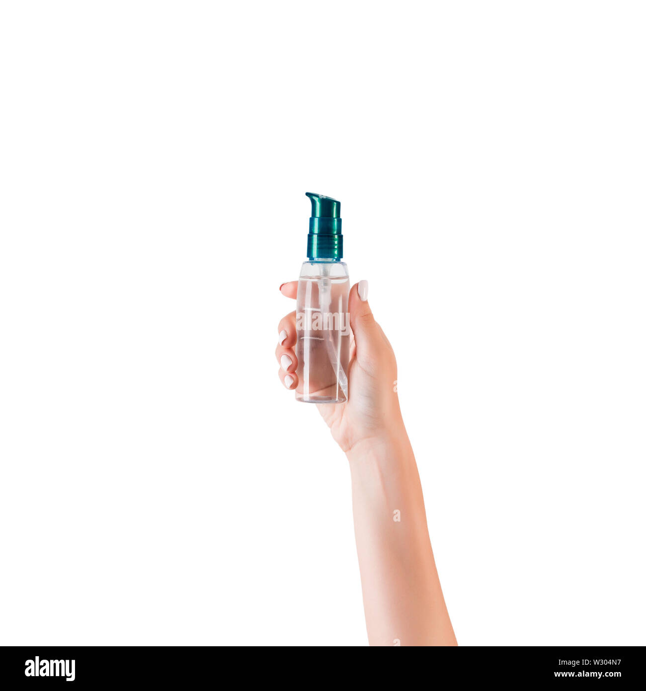 Female hand holding cream bottle of lotion isolated. Girl give tube ...