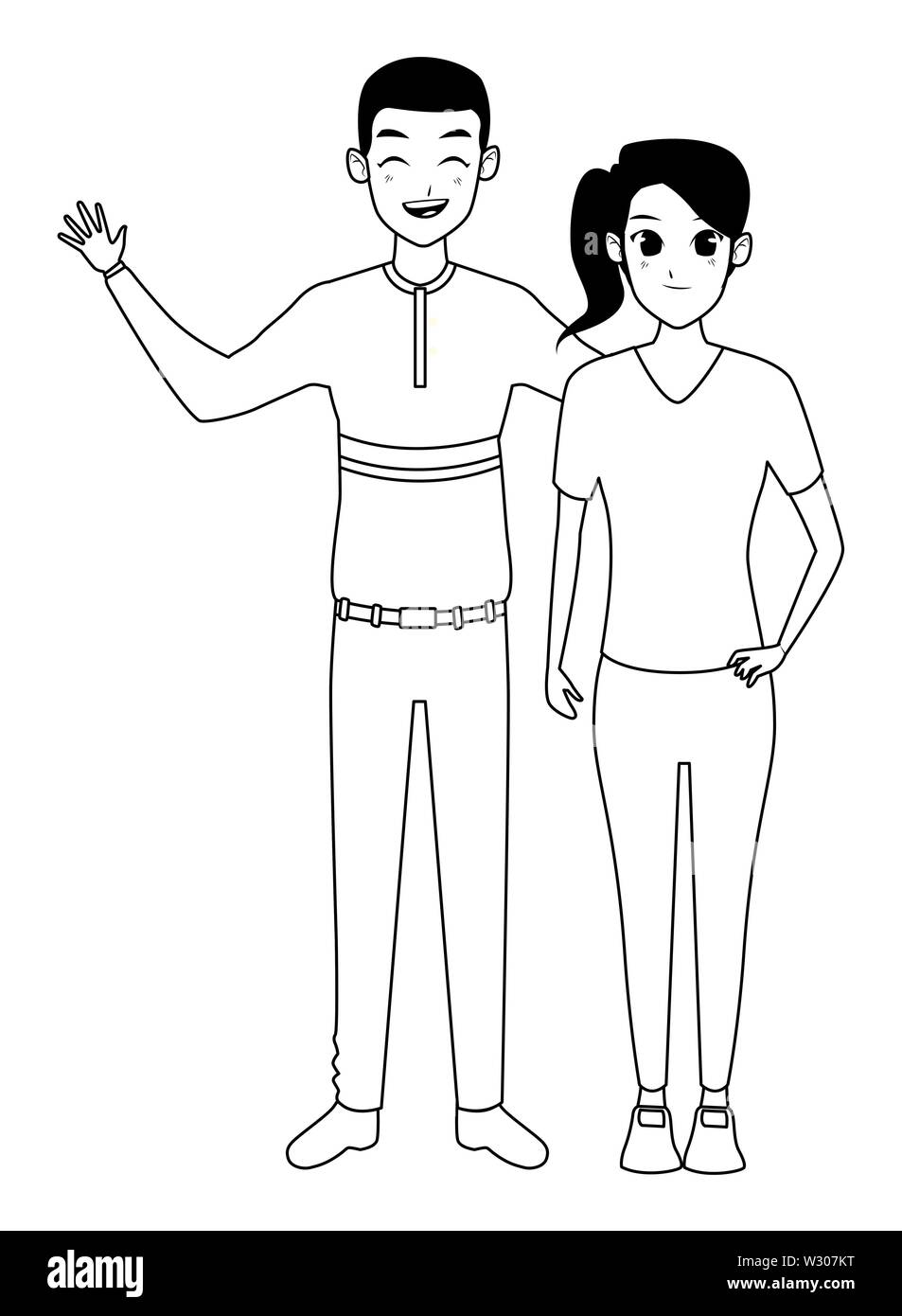 Young adult couple greeting cartoon in black and white Stock Vector ...