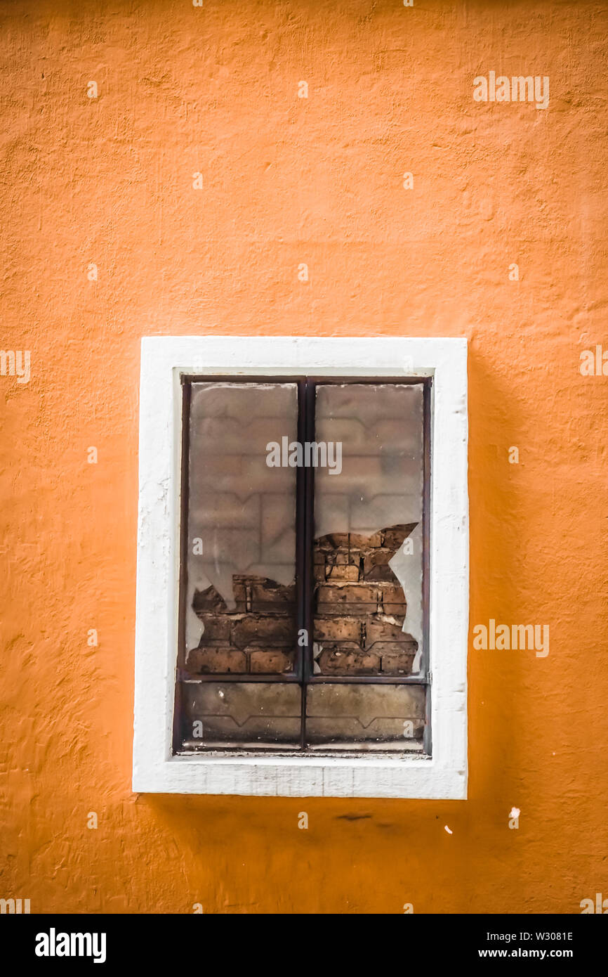 Broken old vintage wooden window .broken glass. Isolated cracked glass ...