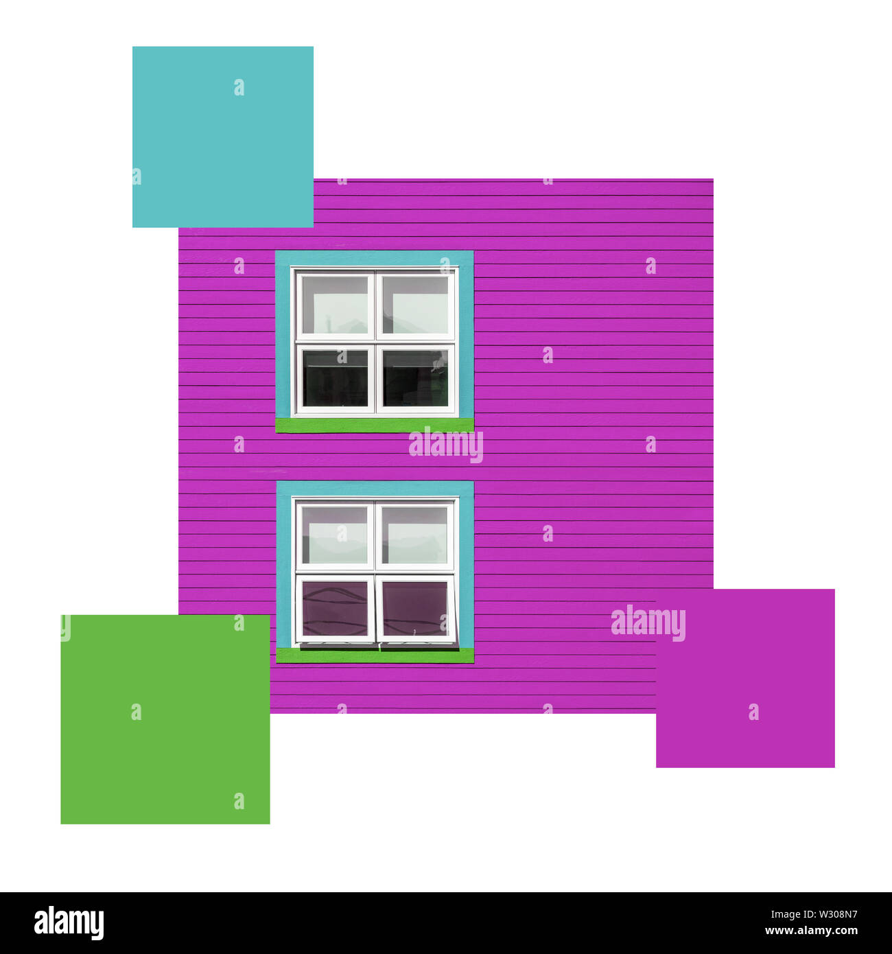 Colourful windows on a purple wall, set with colour swatches and space ...