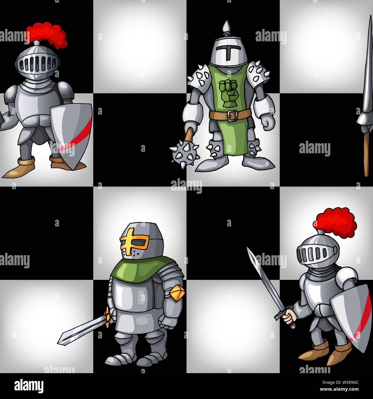 Chess board with cartoon medieval knights seamless pattern background ...