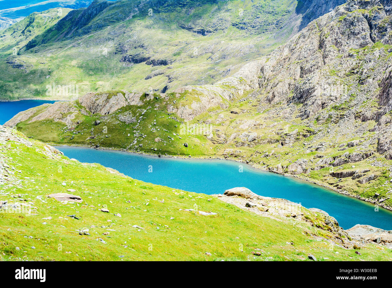 View of beautiful lakes in Snowdonia National Park, North Wales ...
