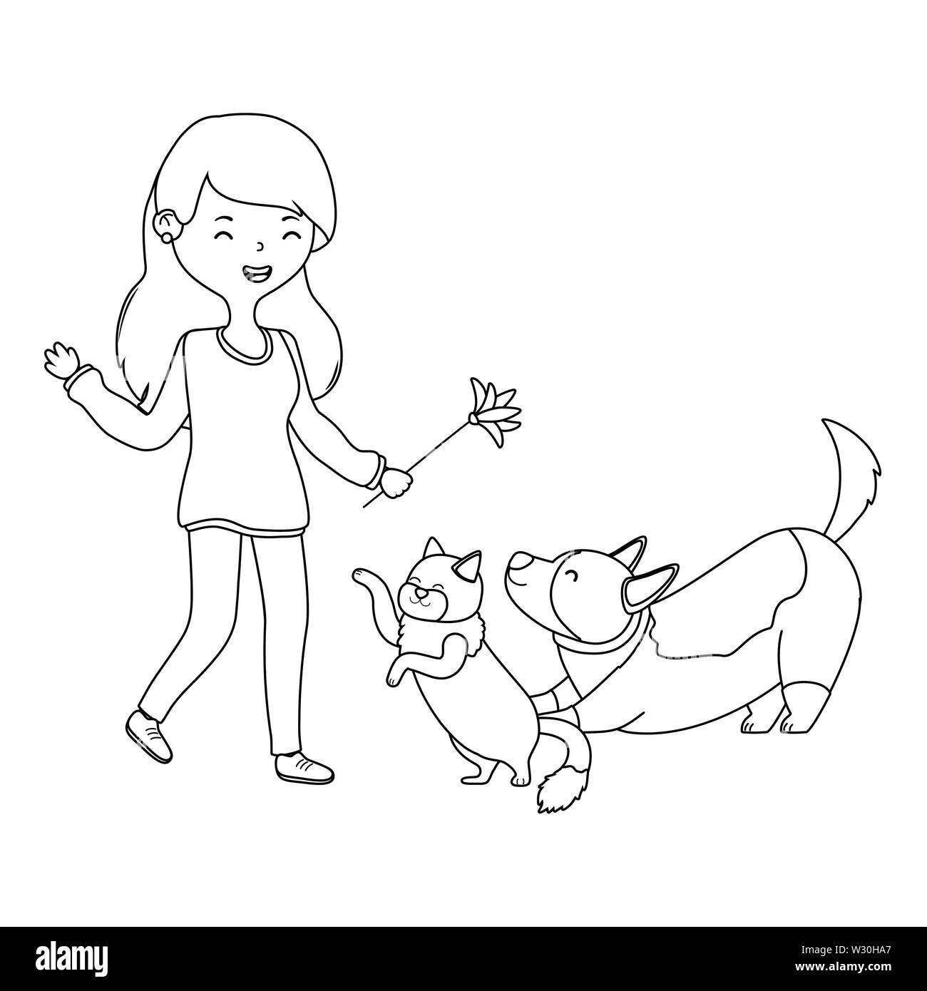 Girl with cat and dog cartoon design, Mascot pet animal domestic cute ...