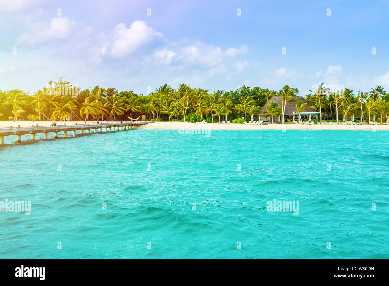 Landscape of beautiful sunset in Maldives island sandy beach with ...