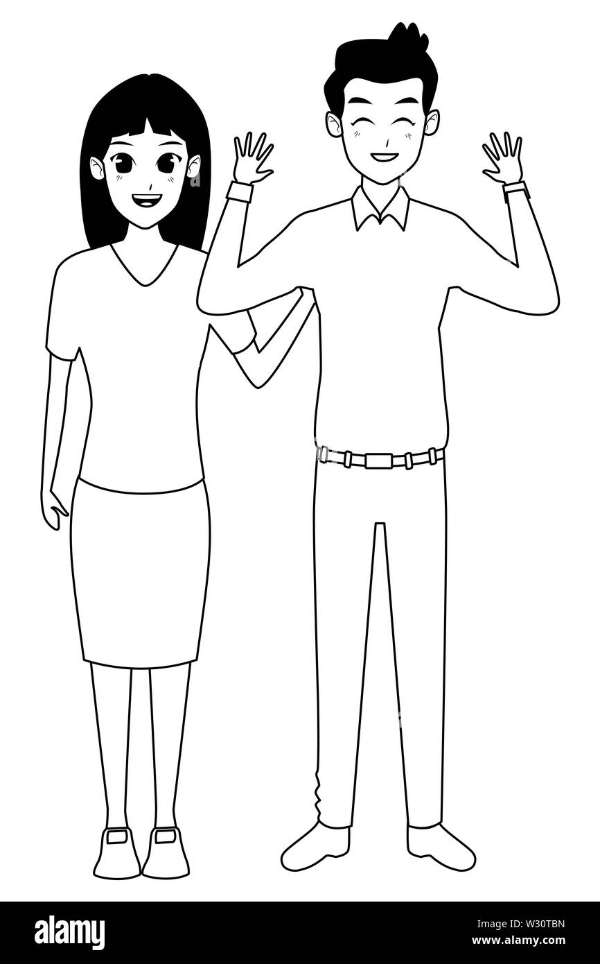 Young Adult Couple Greeting Cartoon In Black And White Stock Vector