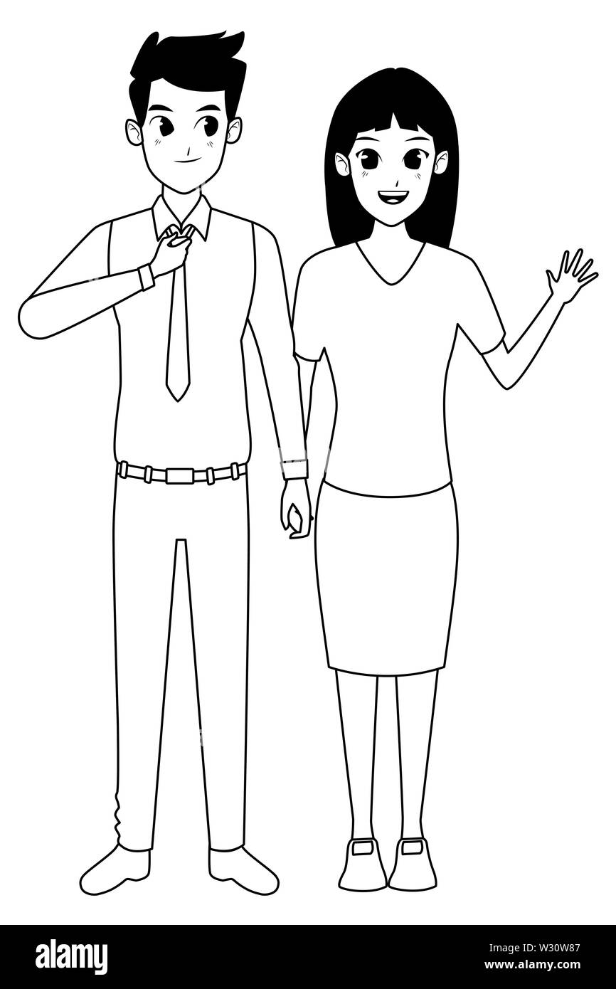 Young adult couple greeting cartoon in black and white Stock Vector ...