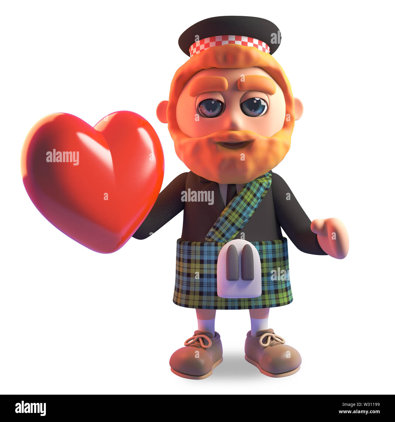 Romantic Scottish man in traditional kilt holding a lovely red heart ...