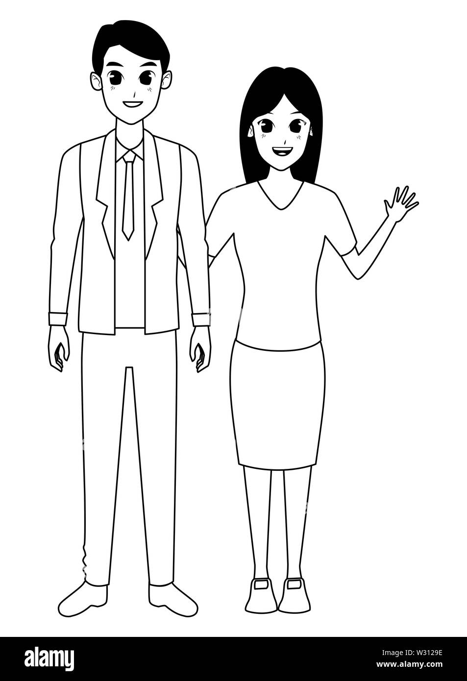 Young Adult Couple Greeting Cartoon In Black And White Stock Vector