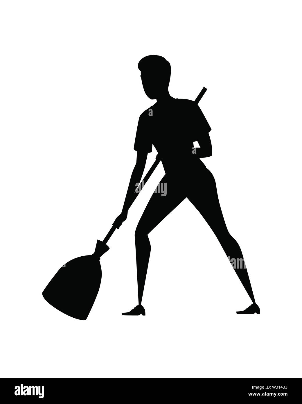 Black silhouette mansweeping the floor with classic broom cartoon ...