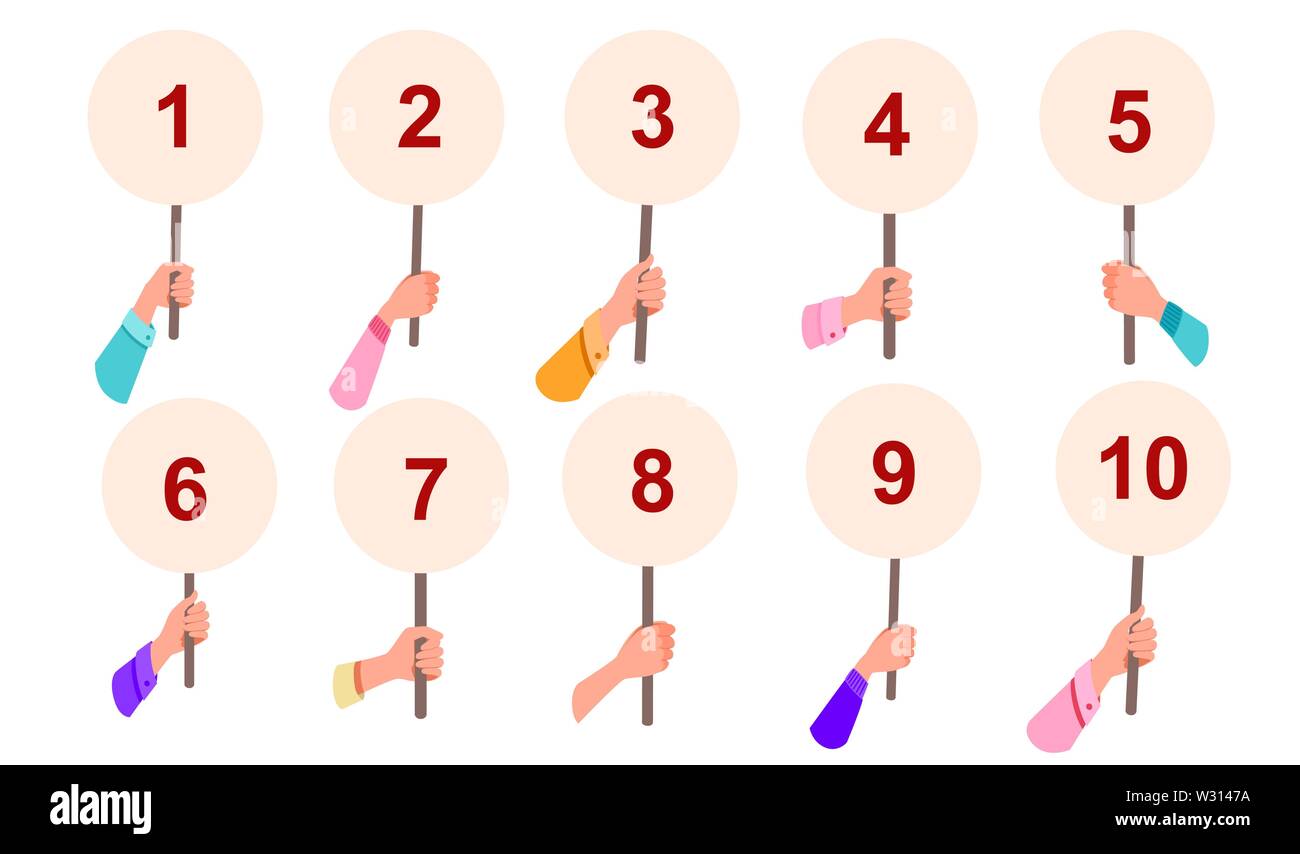 Set of icon hand holding judges score sign from 1 to 10 numbers flat ...