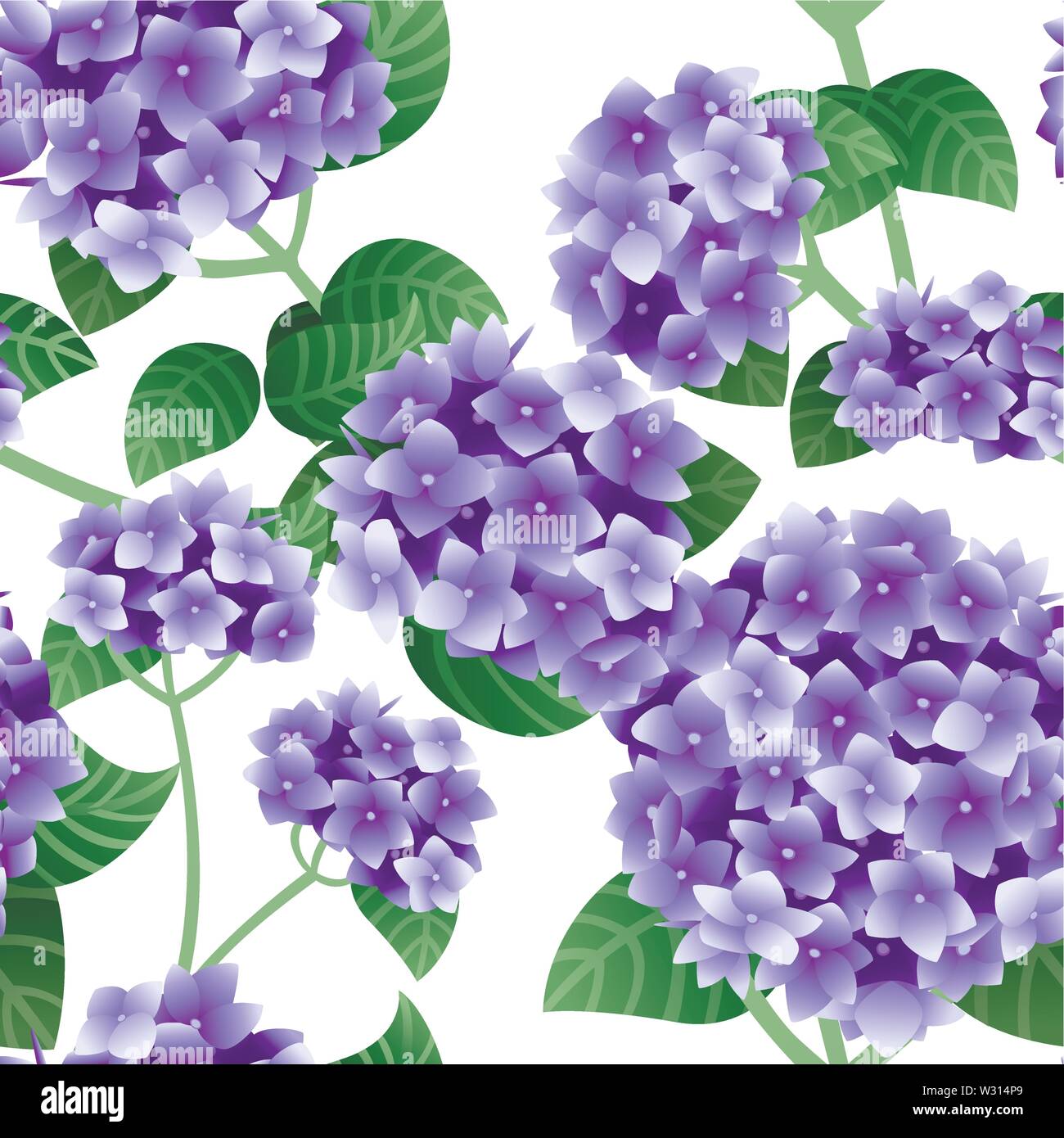 Seamless pattern of purple hydrangea flowers with green stems and ...
