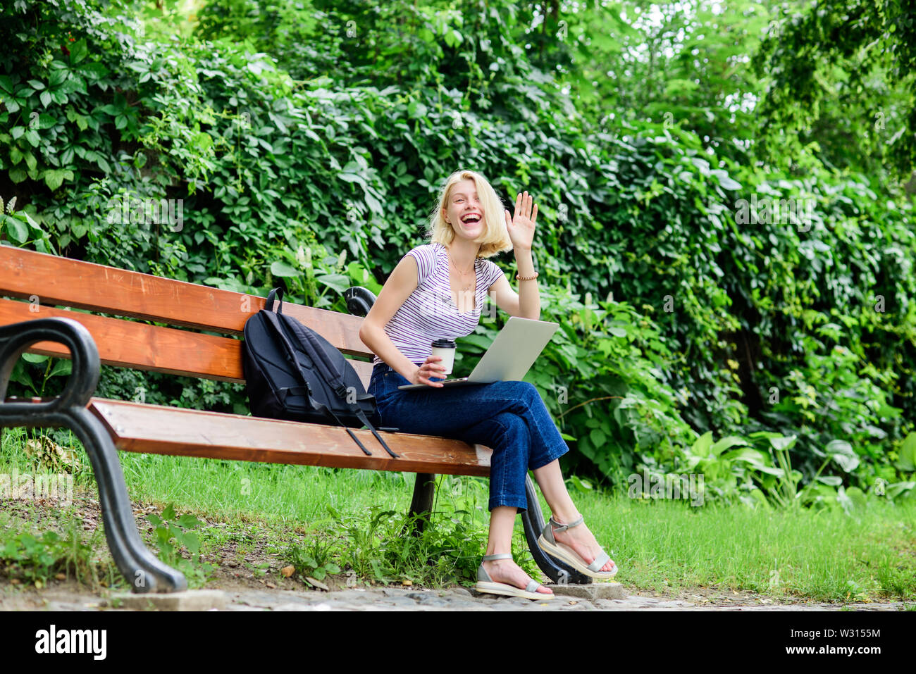 student girl study online. modern woman student study online outdoor ...