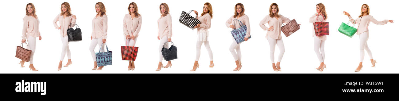 set of pretty woman with different kind of bags in full length isolated ...