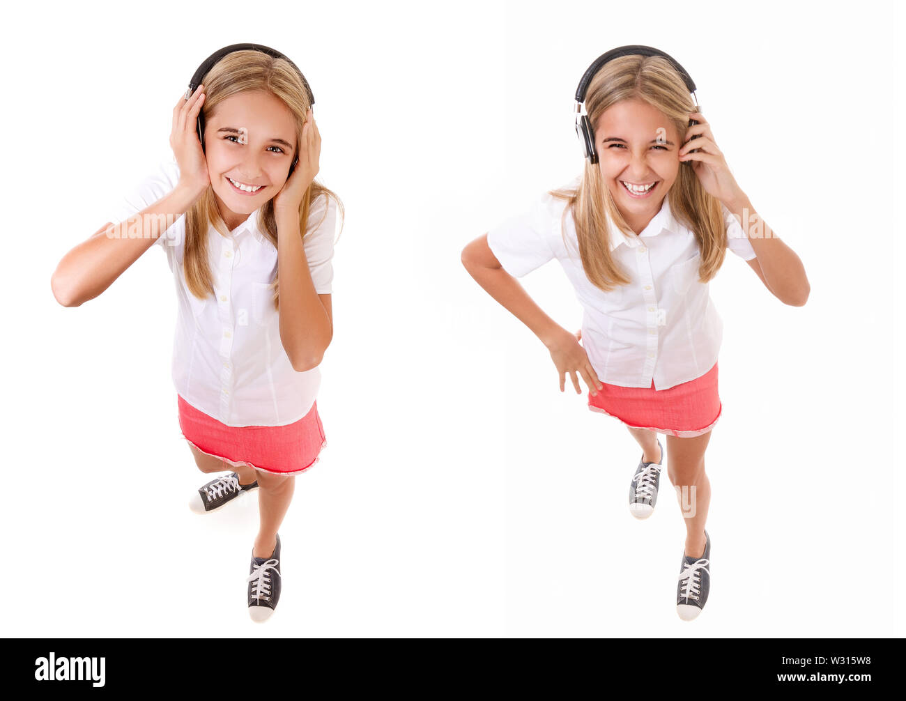 music and technology concept - set of fun high angle full length ...