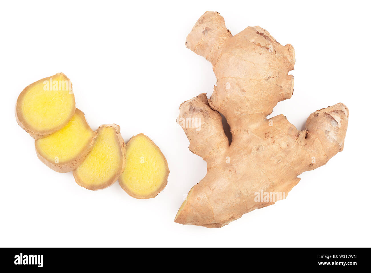 fresh Ginger root and slice isolated on white background. Top view ...