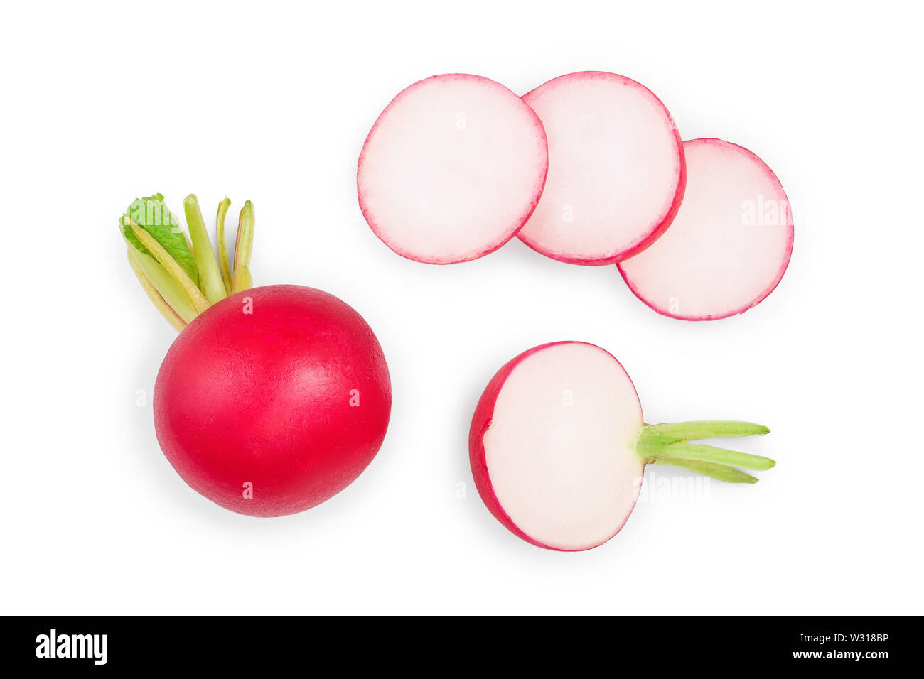 Set of fresh whole and sliced radish isolated on white background. Top ...