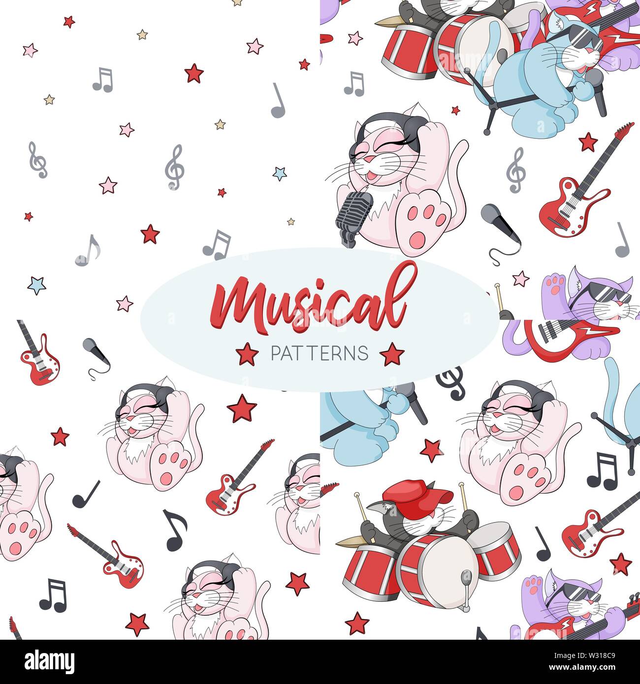 Seamless patterns set with cute cartoon musican kittens on white ...