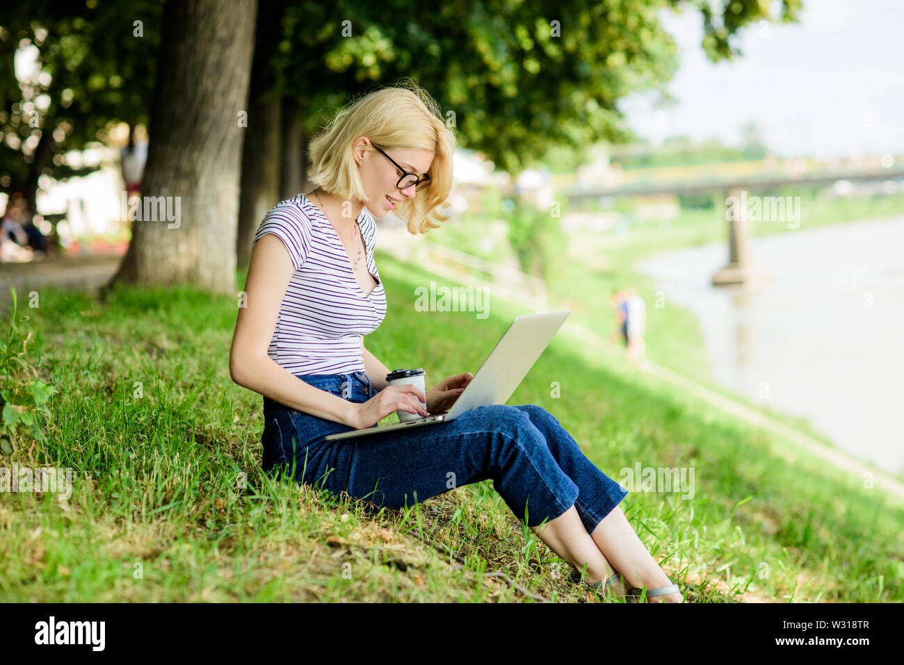 Girl With Laptop Blogger Becoming Inspired By Nature Writer With