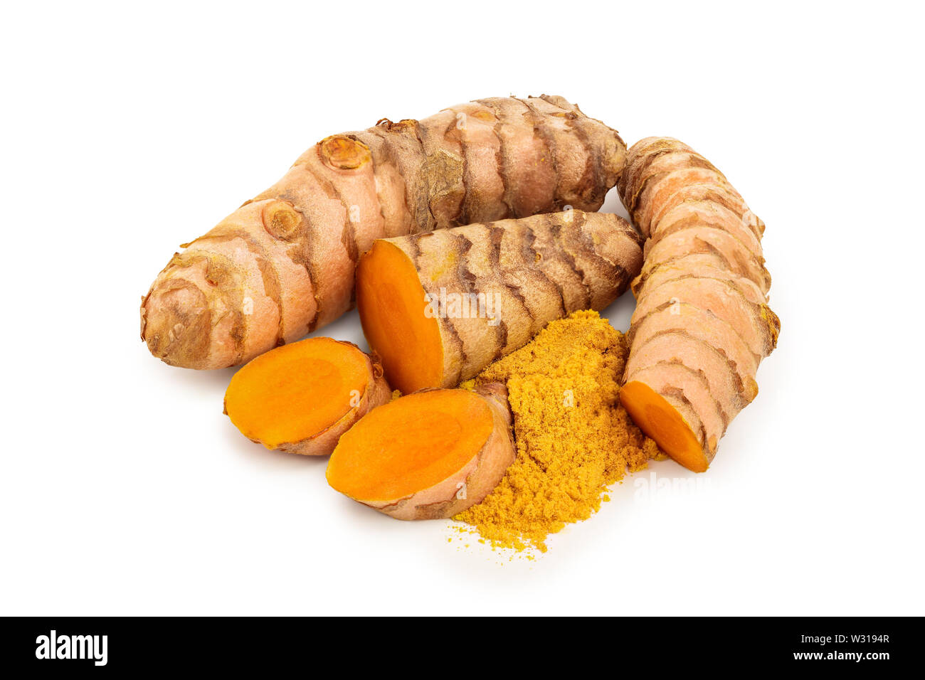 turmeric root and powder isolated on white background close up Stock ...