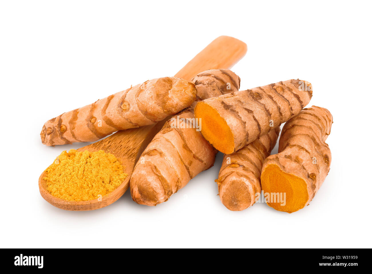 turmeric root and powder isolated on white background close up Stock ...