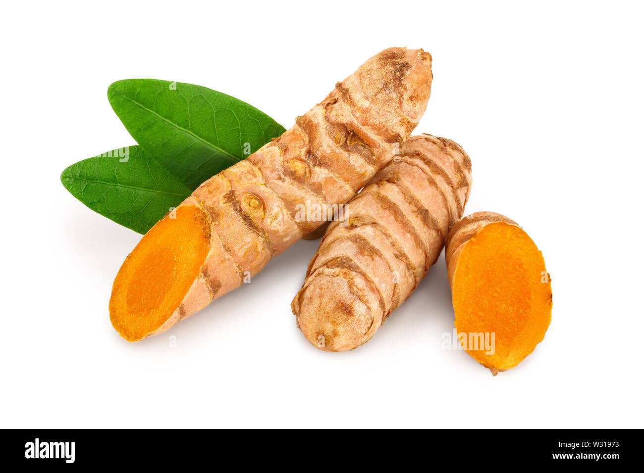 turmeric root and slices isolated on white background Stock Photo - Alamy