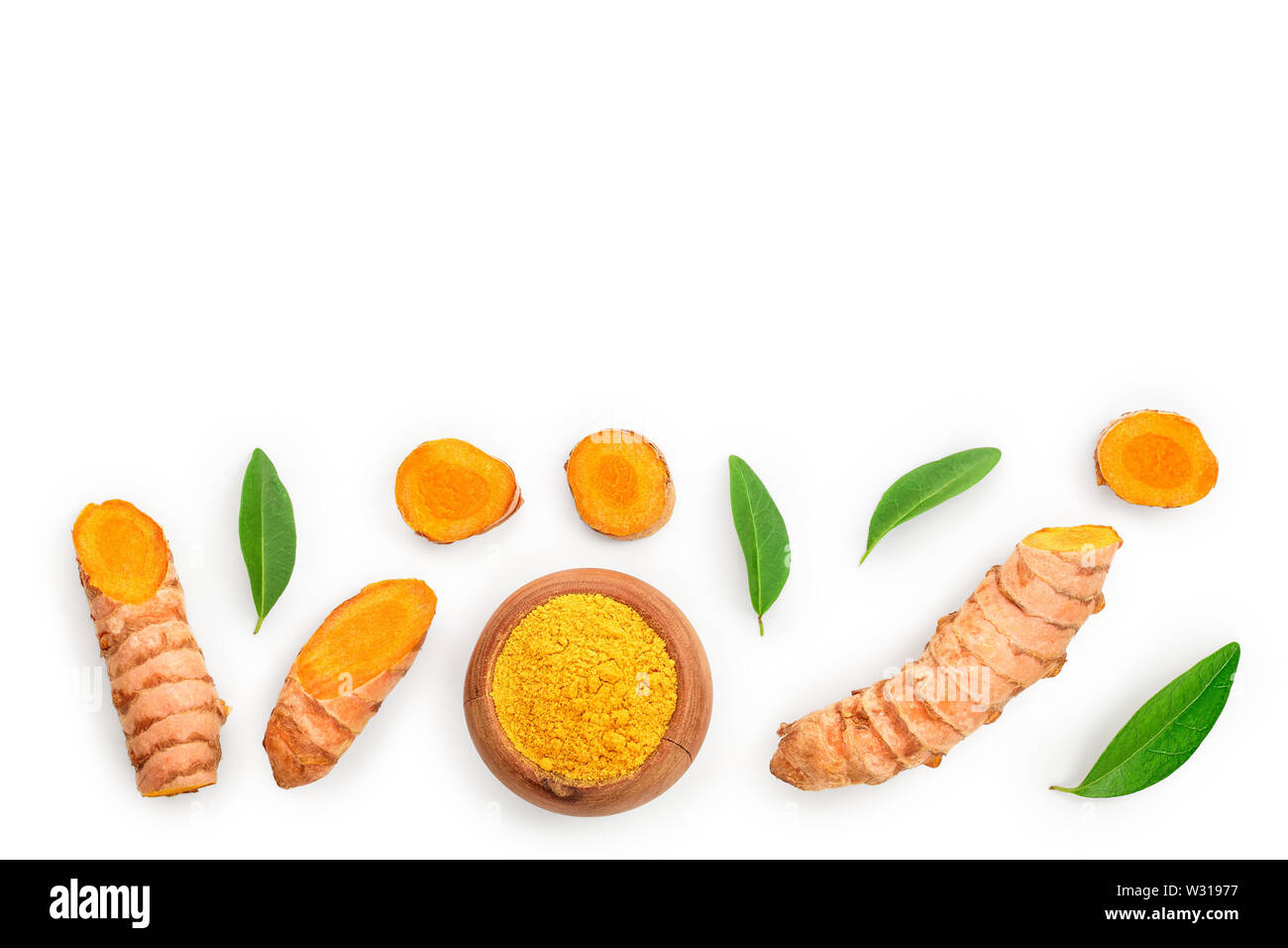 Turmeric powder and turmeric root isolated on white background with ...