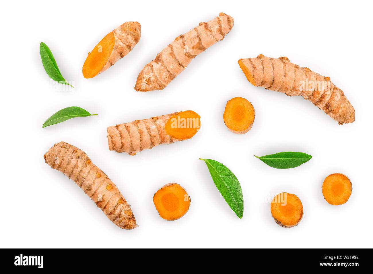 Turmeric root and slice isolated on white background. Top view. Flat ...