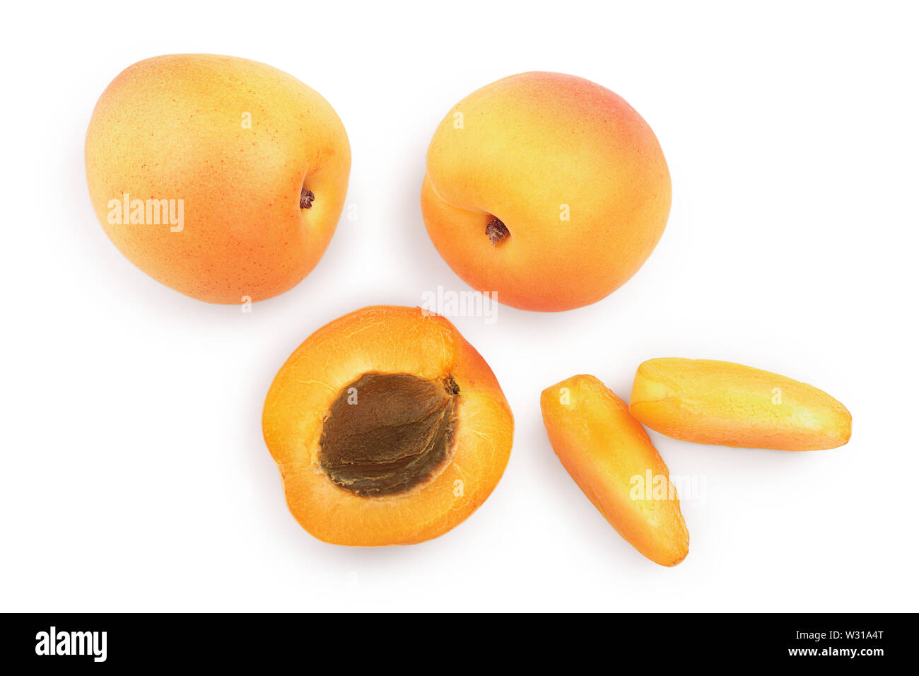 Apricot fruits isolated on white background. Top view. Flat lay pattern ...
