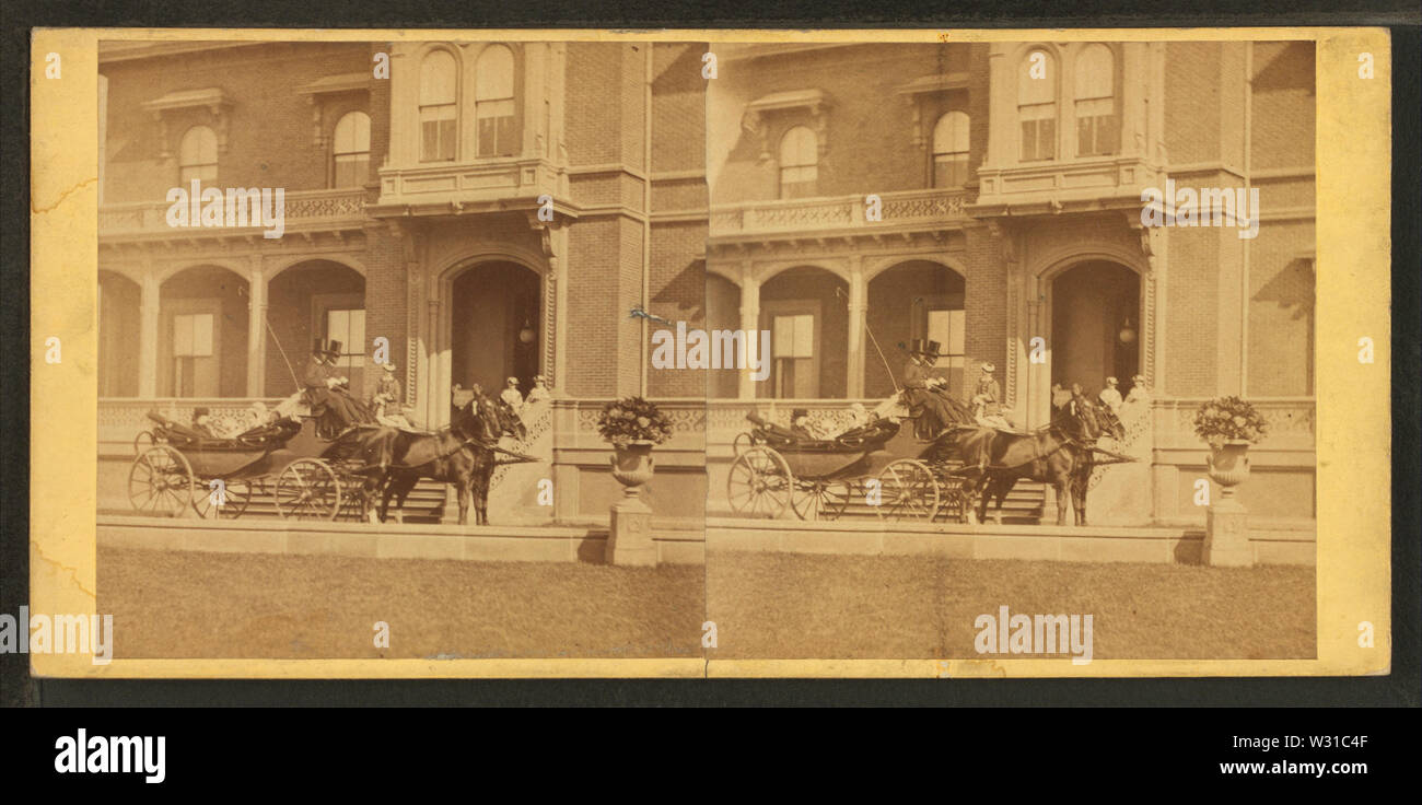 People in coach with African American coachmen, in front of house, from ...
