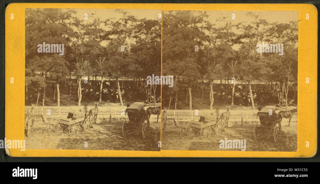 People gathered at a park, wagons and buggies near picket fence, by J T ...