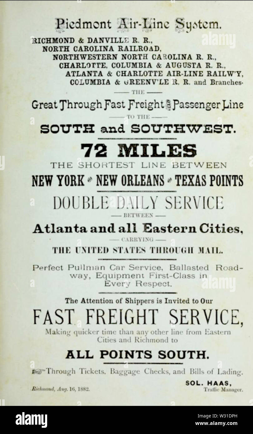 Piedmont Air Line System advertisement 1882 Stock Photo - Alamy