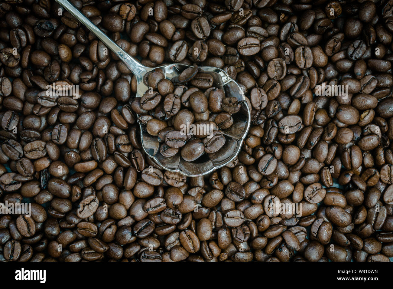 Coffee beans on a silver spoon. Coffee background or texture Stock ...