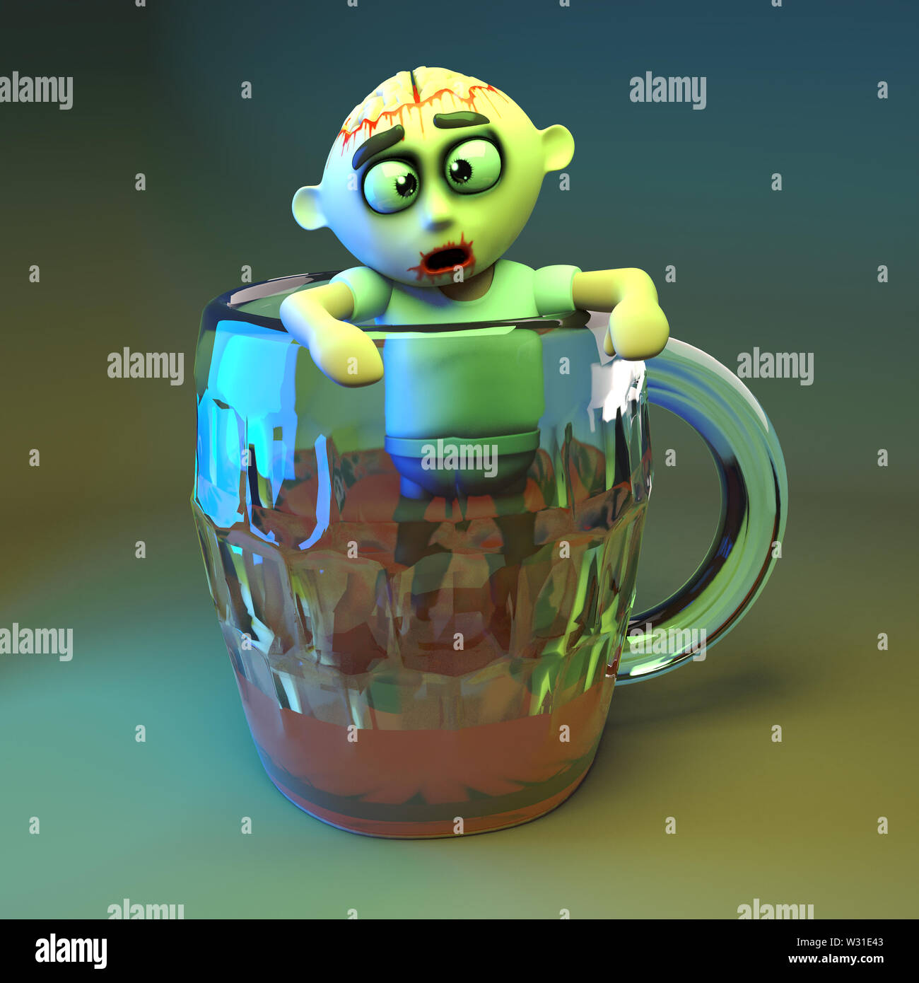 Hungover zombie monster climbing out of a giant pint of beer, 3d ...