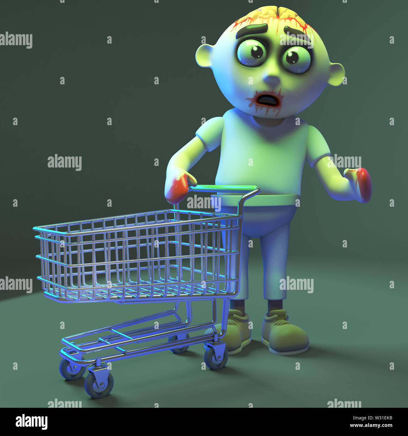 Shopper zombie monster walking with his empty shopping trolley, 3d ...