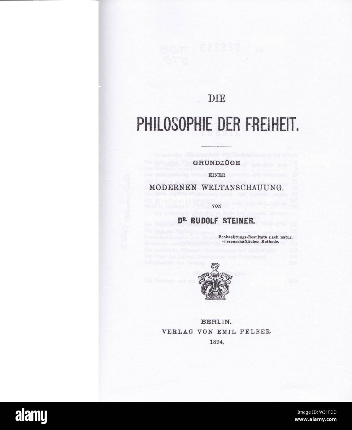 The Philosophy of Freedom, First Edition, 1894, Title Page Stock Photo ...