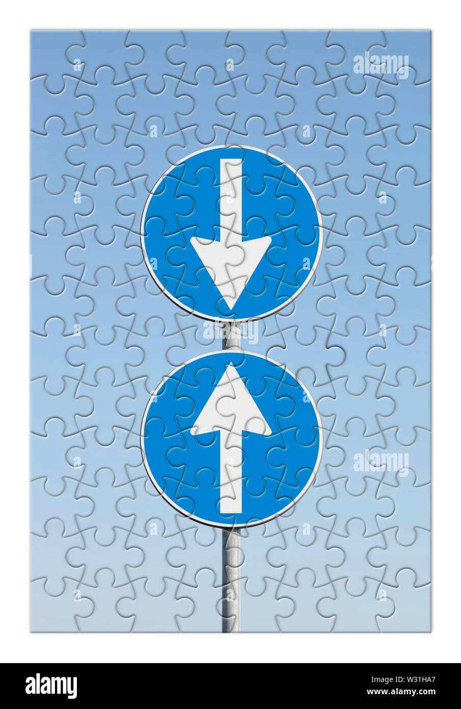 Contradiction concept image with road signs in jugsaw puzzle shape ...